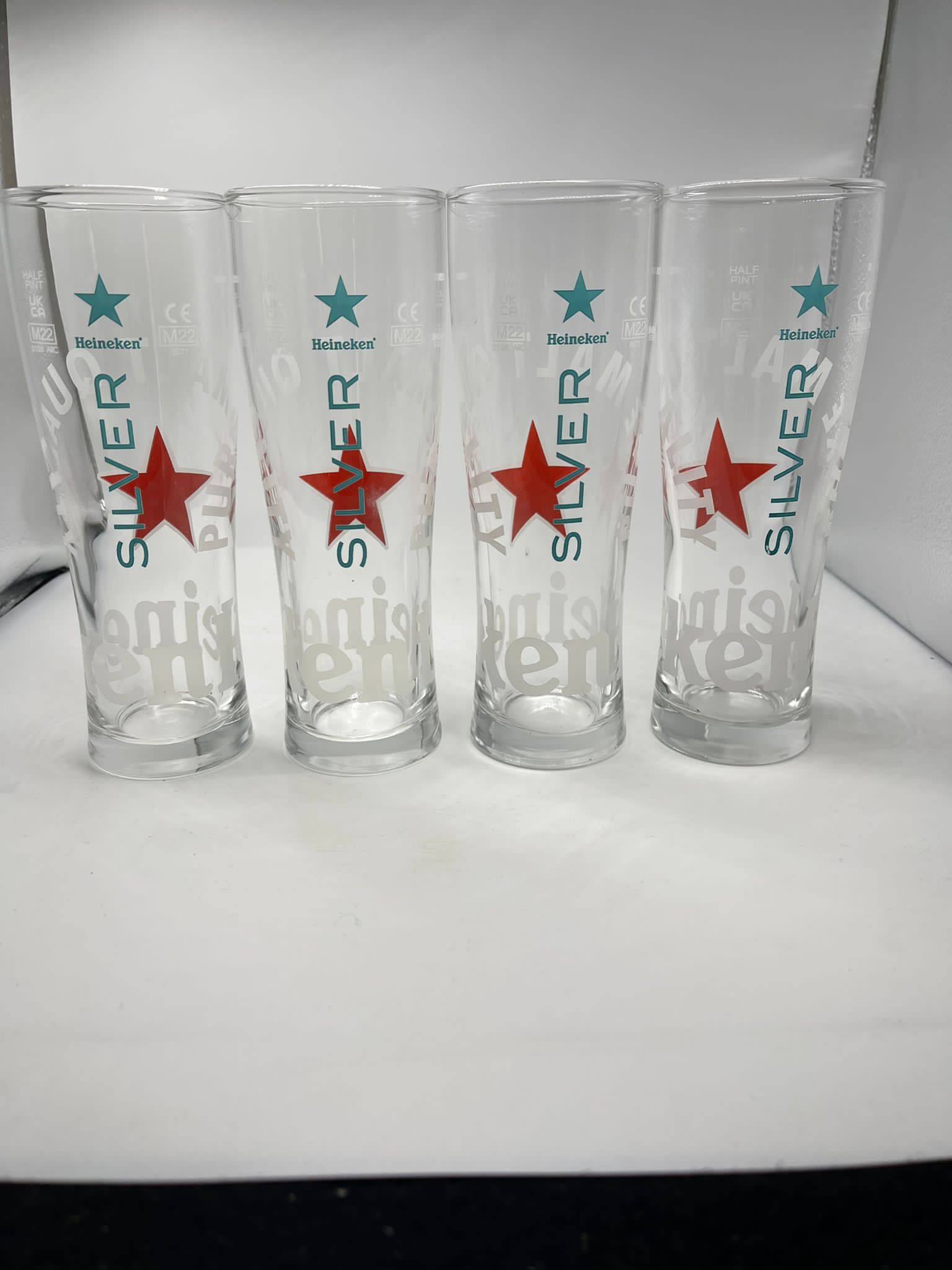 4 x Heineken silver NUCLEATED 10oz half pint glasses – UK Glassware